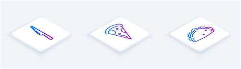 이소메트릭 라인 나이프 피자 슬라이스 타코 조각을 토르티야로 설정합니다 흰색 정사각형 버튼 벡터 3차원 형태에 대한 스톡 벡터