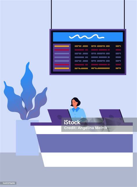 터미널 관리자 공항 직원 탑승 전 여권 심사 리셉션 데스크에 있는 여자와 항공편과 함께 전시 평면 벡터 그림 개념에 대한 스톡 벡터 아트 및 기타 이미지 Istock