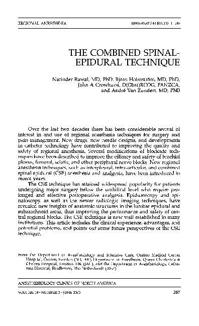 Pdf The Combined Spinal Epidural Technique
