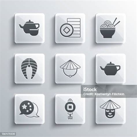 중국 종이 등불 남자 다도 원추형 밀짚 모자 중국 국기 생선 스테이크 아시아 국수 그릇 아이콘을 설정합니다 벡터 0명에 대한