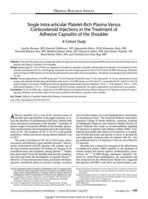 Pdf Single Intra Articular Platelet Rich Plasma Versus Corticosteroid Injections In The