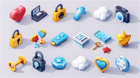Symbols For Social Media Like Heart Padlock And Stars Are 3d The Icon Set Also Includes