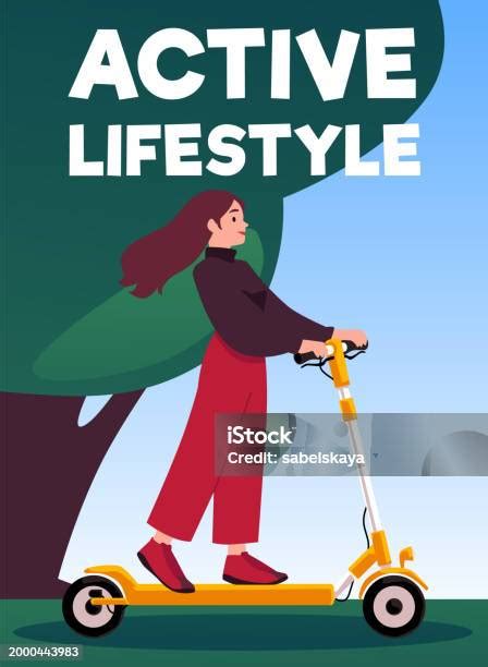 공원에서 전기 산책 스쿠터를 타고 있는 여자 에코 도시 교통을 운전하는 여성 캐릭터 활성 라이프 스타일 벡터 포스터 공원에 대한 스톡 벡터 아트 및 기타 이미지 Istock