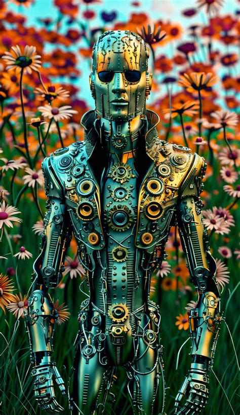 Meets Elegance Cyberpunk Rococo Robot In A Whimsical Garden