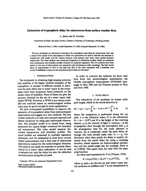 Pdf Estimation Of Tropospheric Delay For Microwaves From Surface Weather Data