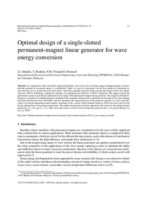 Pdf Optimal Design Of A Single Slotted Permanent Magnet Linear Generator For Wave Energy