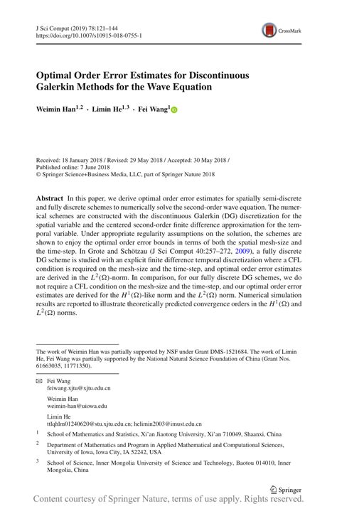 Optimal Order Error Estimates For Discontinuous Galerkin Methods For The Wave Equation Request Pdf
