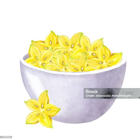 카람볼라 노란색 별 과일을 슬라이스합니다 건강한 식단 손으로 그린 수채화 그림은 흰색 배경에 분리되어 있다 바 및 레스토랑 메뉴 레시피 전단지를 위한 디자인 요소 0명에