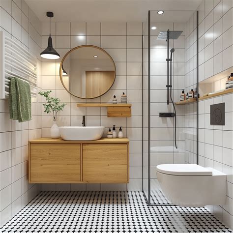 Modern Bathroom Design With Diamond Pattern Tiles Glass Partition And