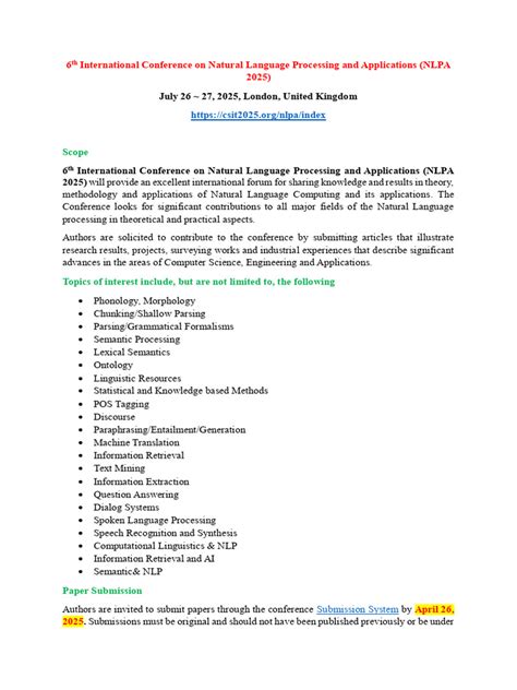 6th International Conference On Natural Language Processing And Applications Nlpa 2025 Pdf