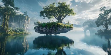 Floating Island Fantasy Surreal Tree Lake Digital Art Stock Illustration Illustration Of World