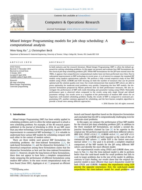 03 Mixed Integer Programming Models For Job Shop Scheduling Pdf Mathematical Optimization