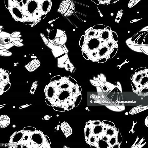 열린 공간에서 우주 비행사 Ufo 우주선 로켓 태양계 은하계 여행 은하 행성 소행성 혜성 별똥별 흑백 패턴입니다 벡터 개체 그룹에 대한 스톡 벡터 아트 및 기타 이미지