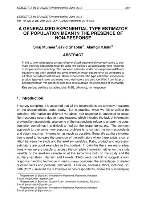 Pdf A Generalized Exponential Type Estimator Of Population Mean In