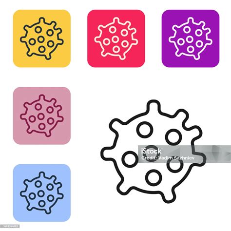 흰색 배경에 격리 된 검은 줄 박테리아 아이콘 박테리아와 세균 미생물 질환을 일으키는 세포암 미생물 바이러스 곰팡이 색상 정사각형 단추로 아이콘을 설정합니다 벡터 건강