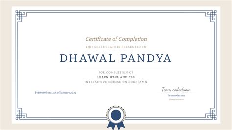 Dhawal Pandyas Certification For Learn Html And Css 2023 Ready