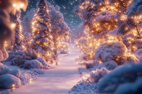 A Snowy Forest Path Lit By Fairy Lights At Night Stock Image Image Of Holiday Wonderland