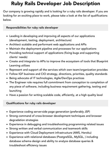 Ruby Rails Developer Job Description Velvet Jobs