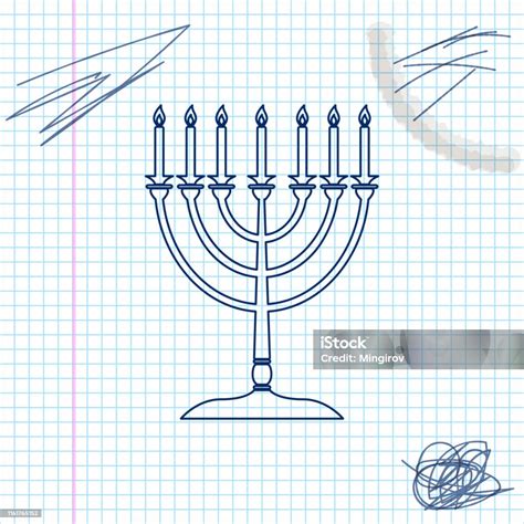 하누카 메노라 라인 스케치 아이콘흰색 배경에 격리 종교 아이콘입니다 하누카 전통 상징 휴일 종교 빛의 유대인 축제 벡터 일러스트레이션 12월에 대한 스톡 벡터 아트 및 기타