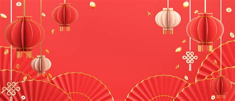 레드 페이퍼 핸드 팬 우산 랜턴 황금 동전 복사 공간 텍스트 3d 렌더링 일러스트와 함께 행복한 중국 새해 또는 중간 가을 장식 배경 3차원 형태에 대한 스톡 사진 및 기타