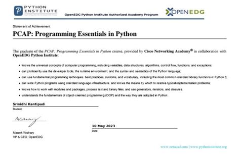 Earned Programming Essentials In Python Kantipudi Srinidhi Posted On