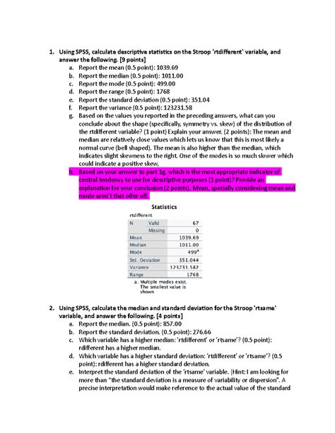 Assignment 1 Using Spss Calculate Descriptive Statistics On The Stroop Rtdifferent Variable