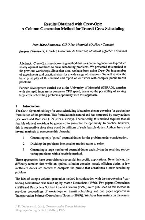Pdf Results Obtained With Crew Opt A Column Generation Method For Transit Crew Scheduling