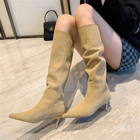스웨이드 가죽 니하이 부츠 여성 신발 섹시 포인트 여성 하이 부츠 블랙 베이지 긴 키가 큰 신발 여성 2023 가을 겨울 Aliexpress
