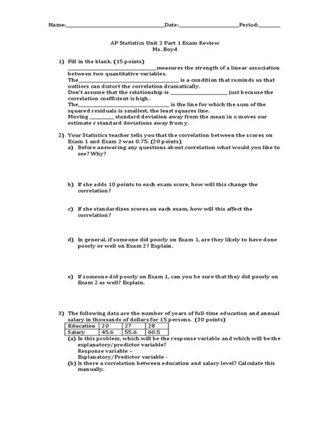 Ap Statistics Unit 2 Part 1 Exam Review Pdf Correlation And