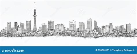 Osaka Skyline Pencil Drawing A Singleline Illustration Depicting The