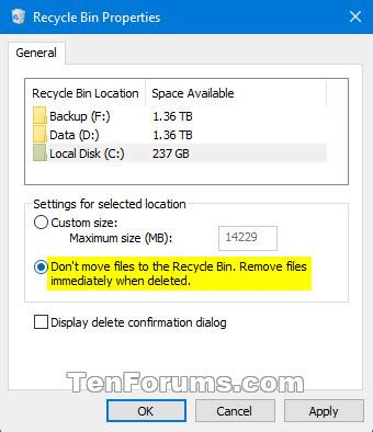 Set Recycle Bin To Permanently Delete Files Immediately In Windows Tutorials