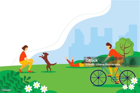 다양한 활동을 하는 사람들과 함께 하는 도시 공원 야외 레크리에이션의 개념 여름 벡터 일러스트레이션 개념에 대한 스톡 벡터 아트 및 기타 이미지 Istock