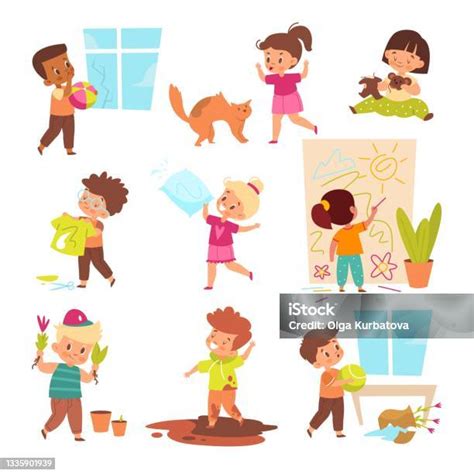 아이들은 파괴 아이들은 엉망 활동적인 소년과 소녀를 만드는 문제 부정적인 행동 장난 꾸러기 Fidgets 물건을 깰 전리품 꽃 브레이크 창 더러운 집 벡터 고립 된 세트