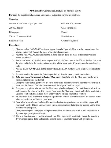 Ap Chemistry Gravimetric Analysis Lab Pdf Mixture Precipitation