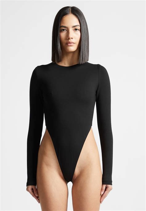 Éternelle High Leg Long Sleeve Bodysuit Black Luxury Stretch