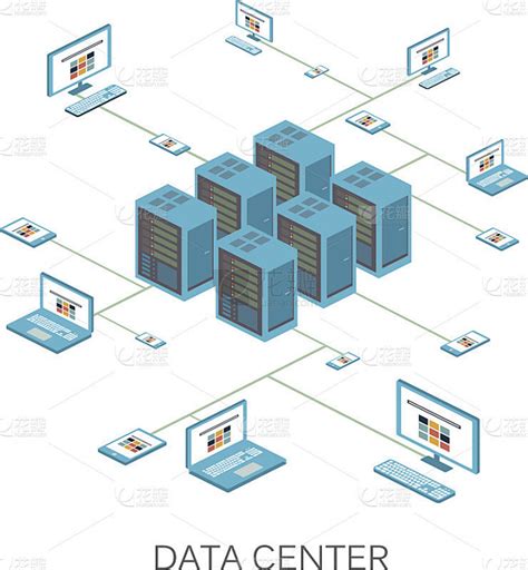 等距矢量插图。数据中心图标的设计和i