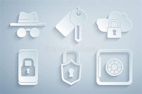 Set Lock Cloud Computing Lock Mobile With Closed Padlock Safe Marked Key And Incognito Mode