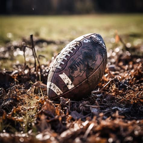 Premium Ai Image An American Football Covered In Mud And Grass Stains Lying On The Field