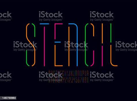 초박형 멀티 컬러 라인 트렌디한 스텐실 좁은 알파벳 검은색 배경에 현대적인 압축된 문자와 숫자 벡터 일러스트레이션 10eps의 글꼴 0명에 대한 스톡 벡터 아트 및 기타