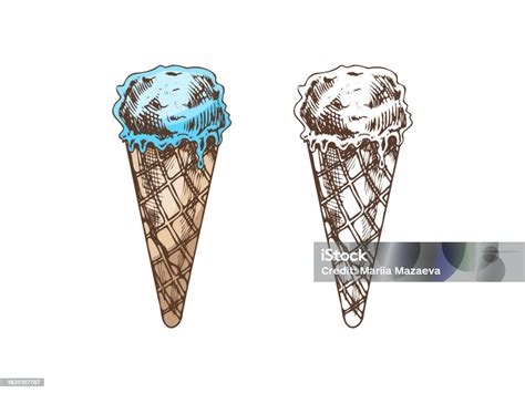 손으로 그린 컬러 및 흑백 스케치 세트와 냉동 요구르트 또는 아이스크림을 곁들인 와플 콘 빈티지 일러스트입니다 라벨 포장 및