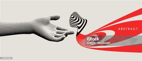 손은 사이코데릭 스트라이프로 만들어진 무언가를 가리켰다 착시 현상과 복셀 Art 3d 브로셔 전단지 카드 배너 또는 표지에 대한 벡터 일러스트 레이 션이있는 패턴 3차원