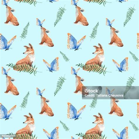 숲 동기와 원활한 패턴 흰색 밝은 파란색 배경에 귀여운 여우 식물 및 나비의 수채화 손으로 그린 그림 아이들 벽지 직물 및 섬유