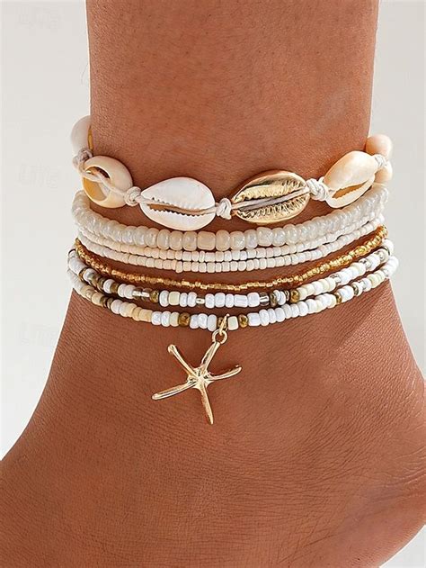 Boho Beach Anklet Set For Women Multi Layer Shell And Beaded Design