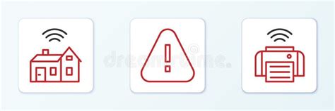 Set Line Smart Printer Home With Wireless And Exclamation Mark Triangle Icon Vector Stock
