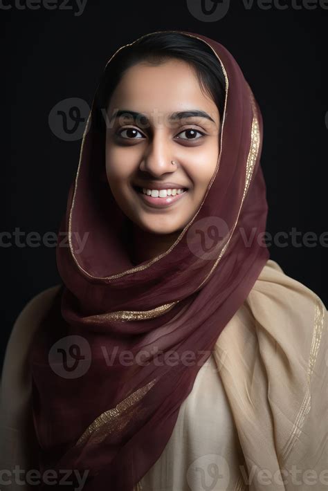 Beautiful Indian Muslim Young Girl Wearing Headscarves Hijab On Dark