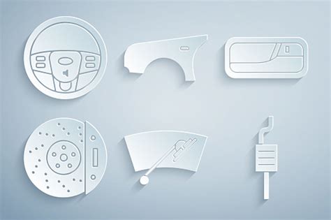 앞유리 와이퍼 자동차 도어 핸들 캘리퍼가 있는 브레이크 디스크 머플러 펜더 및 스티어링 휠 아이콘을 설정합니다 벡터 로고에 대한 스톡 벡터 아트 및 기타 이미지 Istock