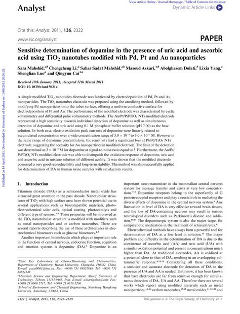 Pdf Sensitive Determination Of Dopamine In The Presence Of Uric Acid