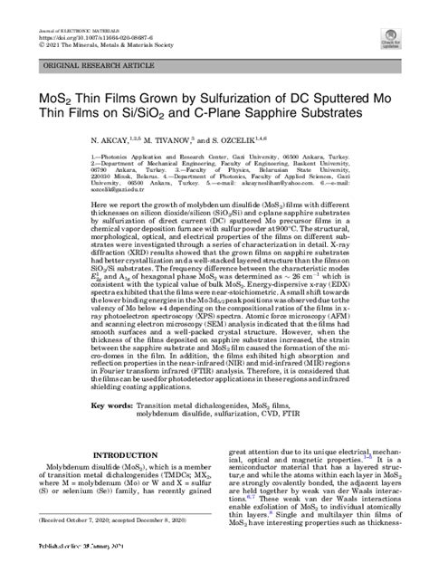 Pdf Mos2 Thin Films Grown By Sulfurization Of Dc Sputtered Mo Thin Films On Si Sio2 And C