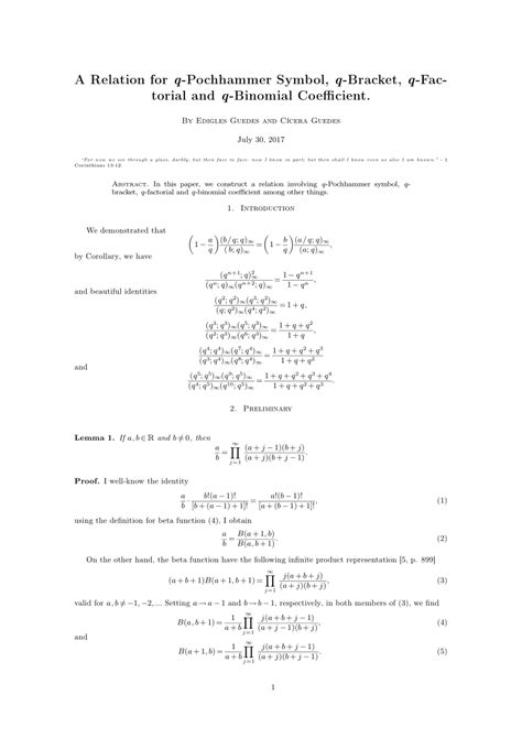 Pdf A Relation For Q Pochhammer Symbol Q Bracket Q Factorial And Q Binomial Coefficient