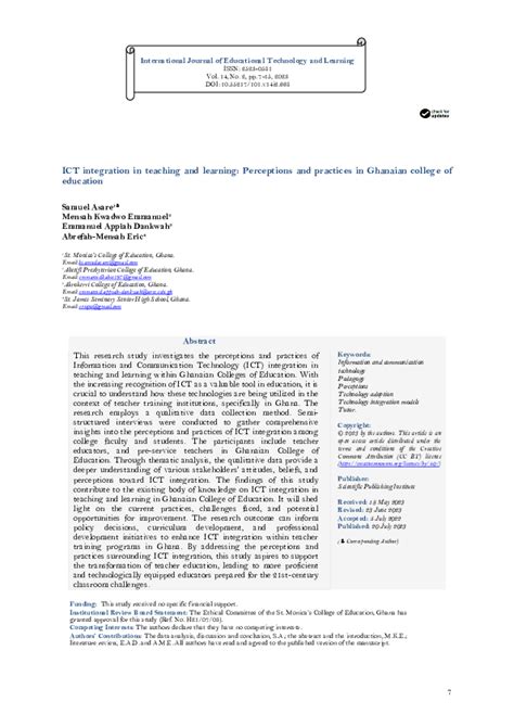 Pdf Ict Integration In Teaching And Learning Perceptions And Practices In Ghanaian College Of